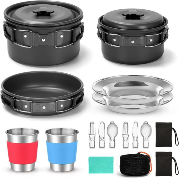 Camping Cookware Mess Kit, Non-Stick Lightweight Pots Pan Set with ...