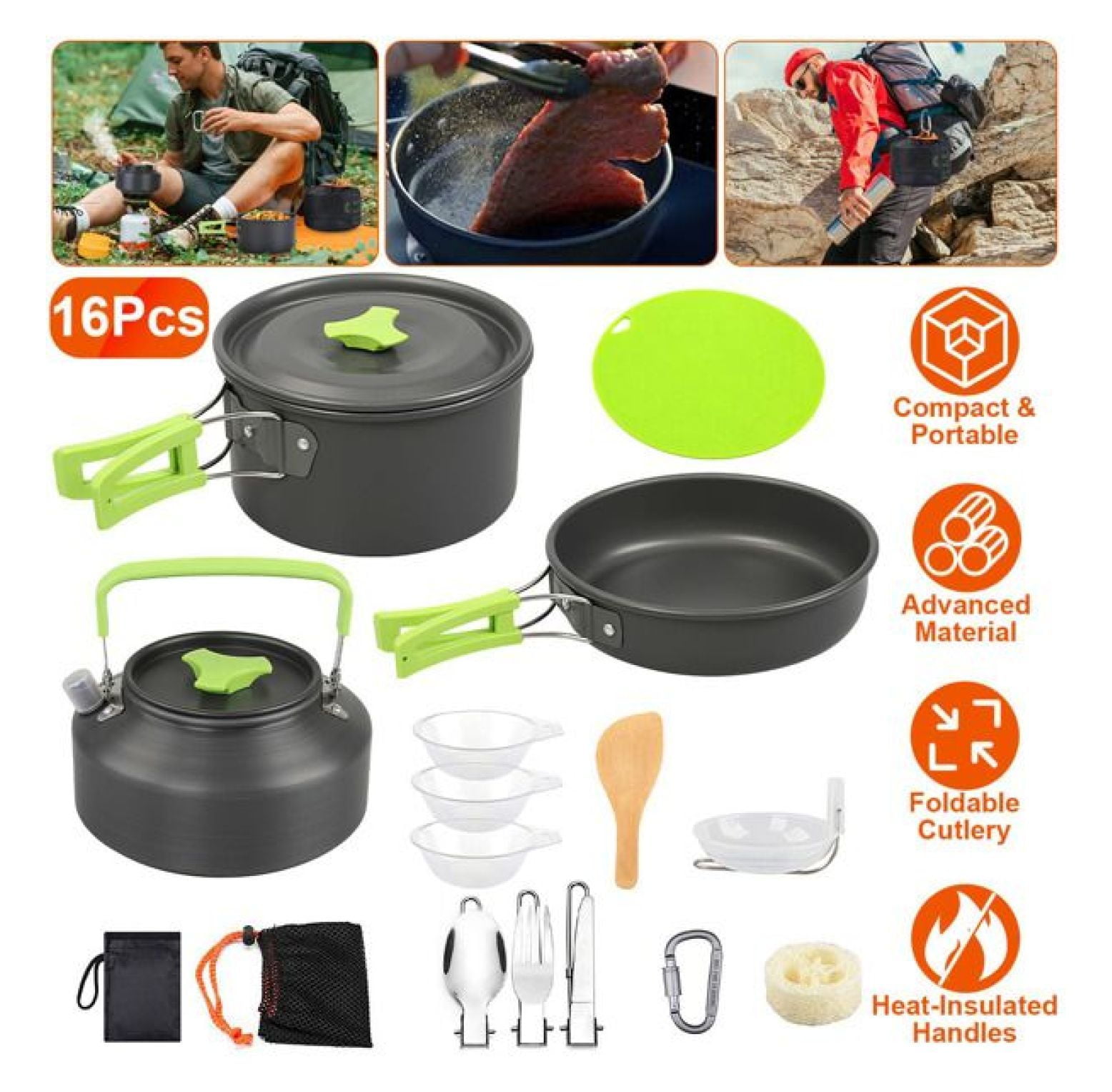 Camping Cookware Set 16pcs - Aluminum Stove Cookware Kit with Bowls ...