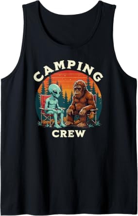 Camping Crew Playful Bigfoot And Alien Outdoor Campfire Design Tank Top ...