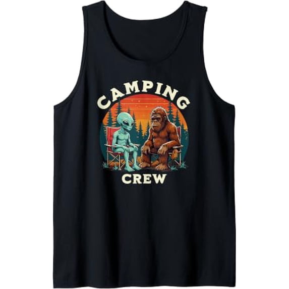 Camping Crew Playful Bigfoot And Alien Outdoor Campfire Design Tank Top ...