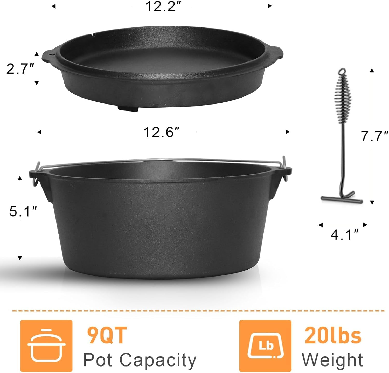 Camping Dutch Oven, 9 Qt Pre-Seasoned Camping Cookware Pot with Lid ...