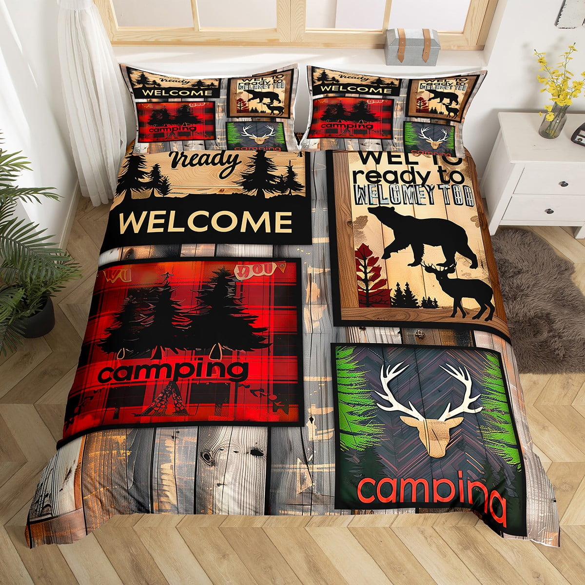 Camping Duvet Cover Set Retro Lodge Cabin Comforter Cover,Woodland Elk ...