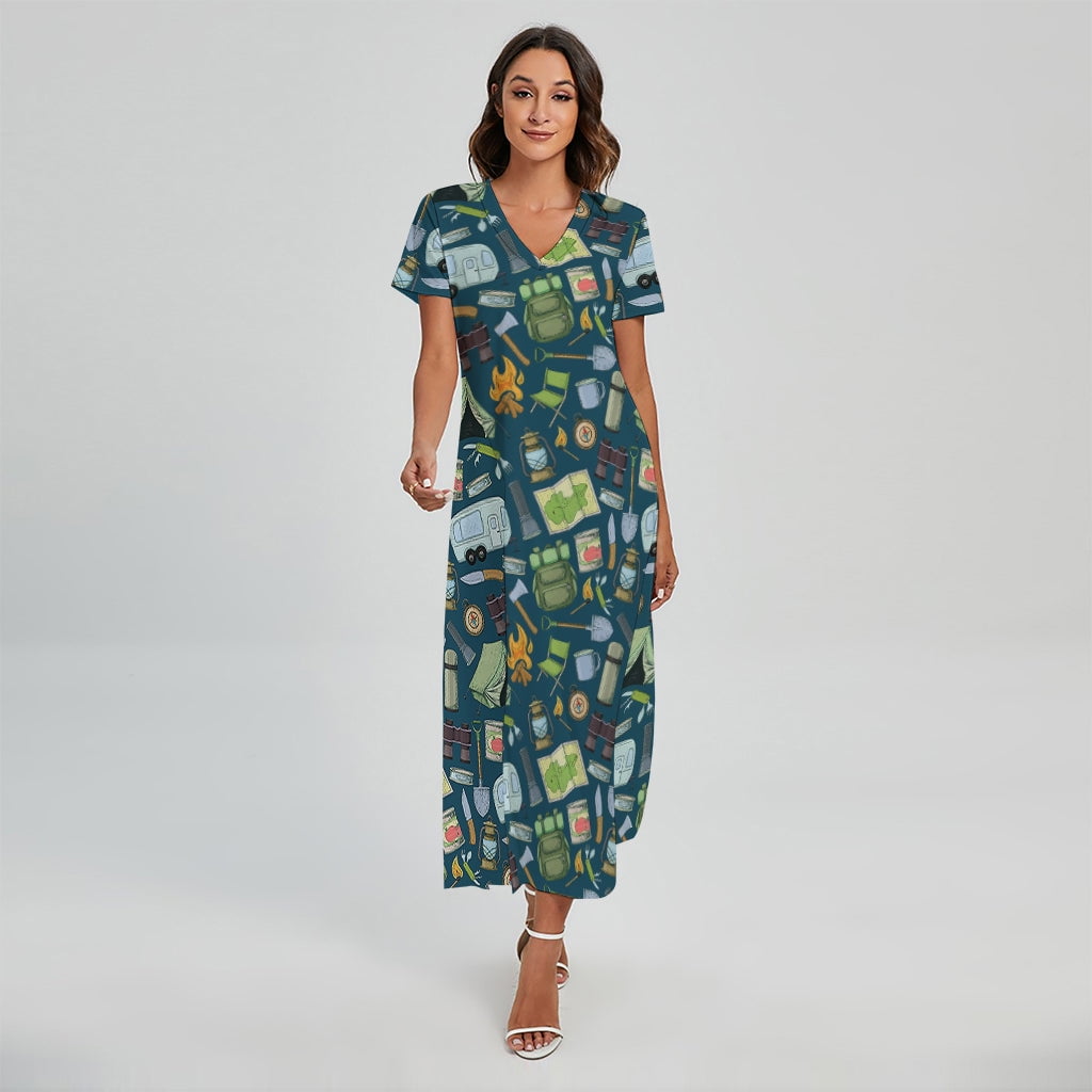Camping Equipment Pattern Printed Short Sleeve Maxi Dress, Camper ...