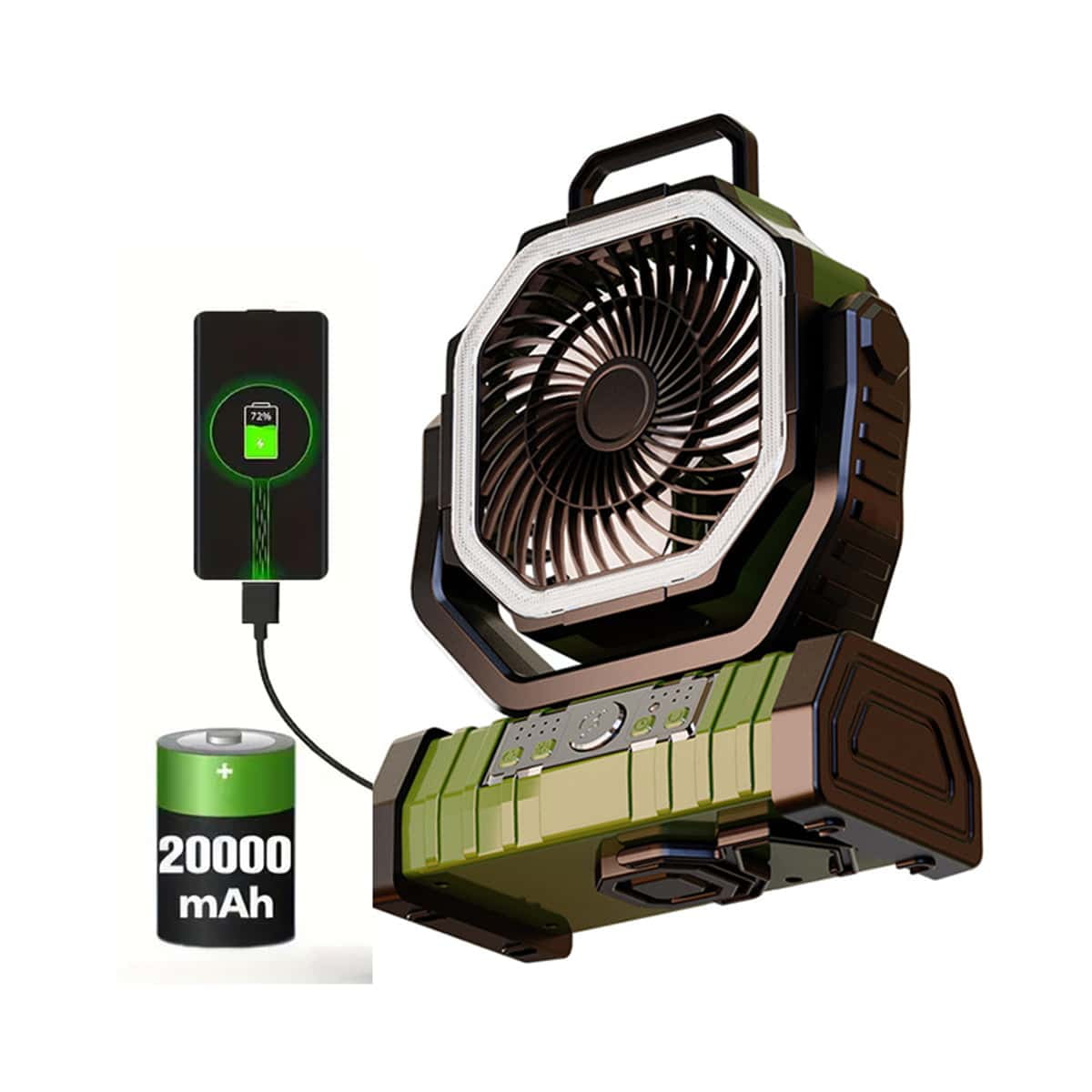 Camping Fan Battery Operated Powered Fan With LED Lantern Light 20000mAh Rechargeable Portable ...