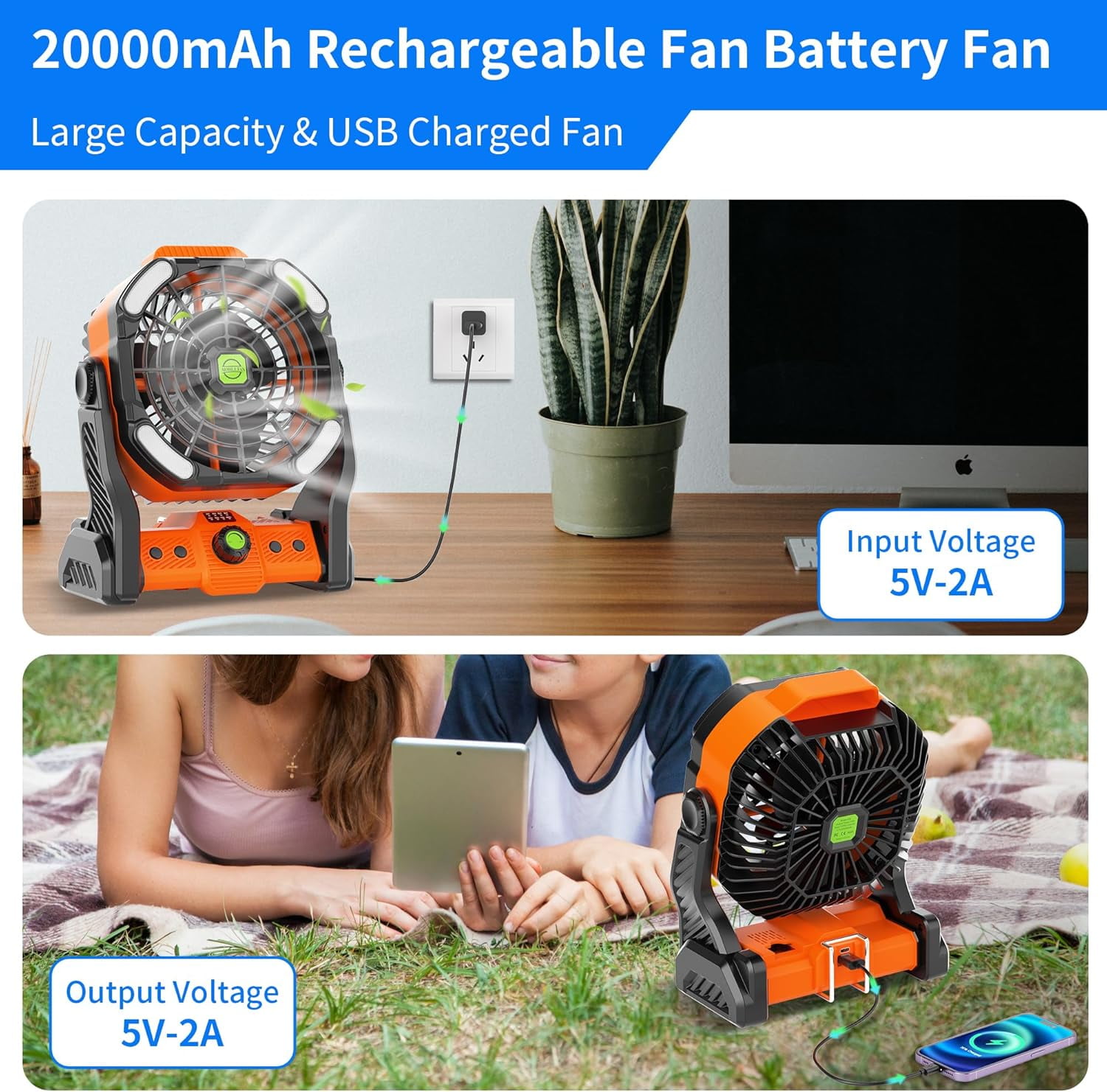 Camping Fan with LED Lantern, Portable Battery Powered Fan Rechargeable ...