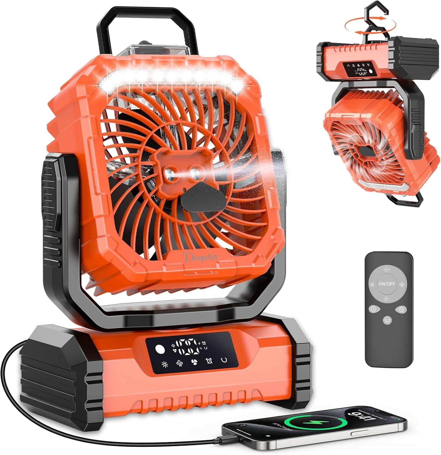 Camping Fan with LED Light, 20000mAh Battery Operated Rechargeable ...