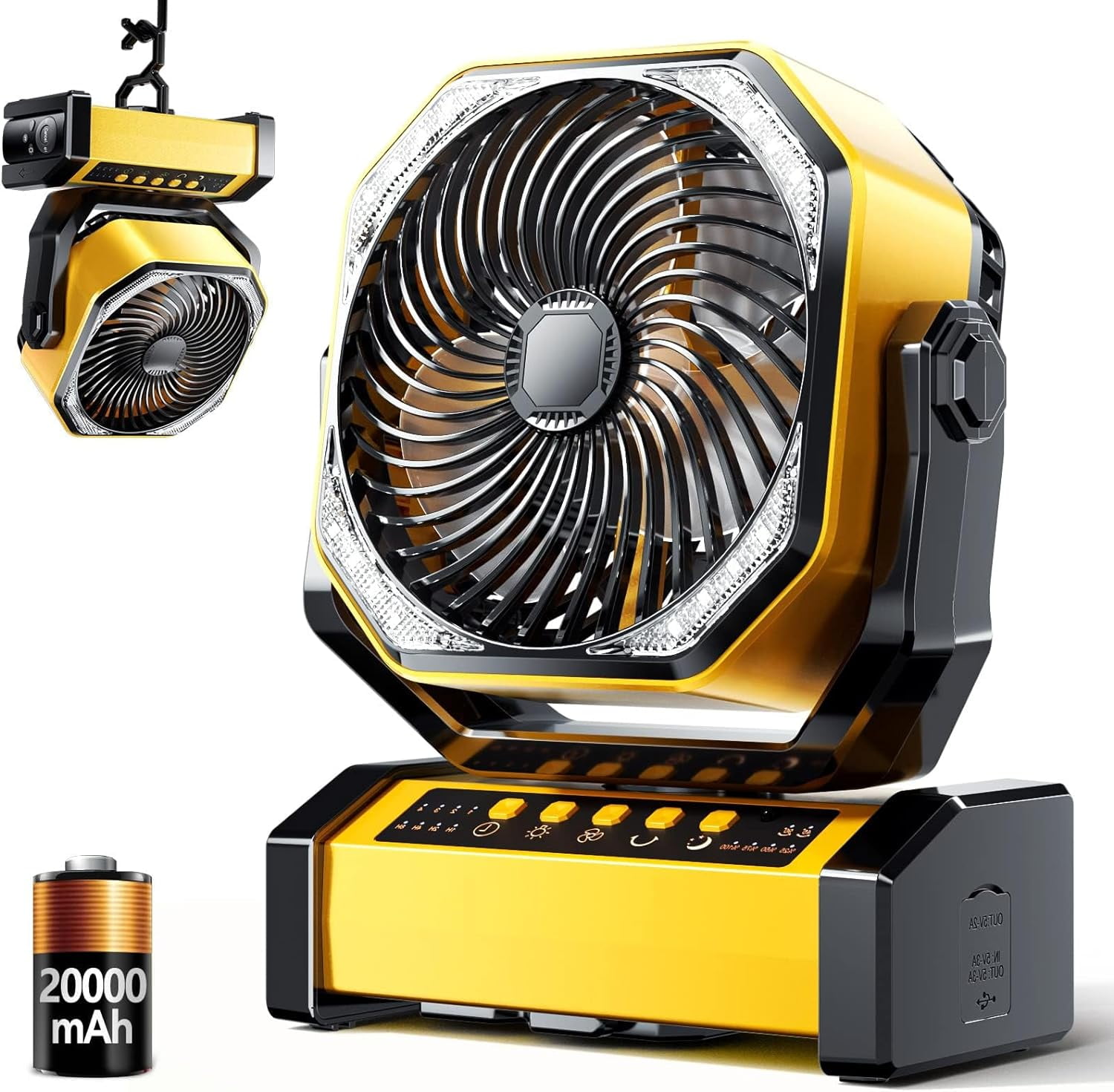 Camping Fan with LED Light,20000mAh Rechargeable Battery Powered ...