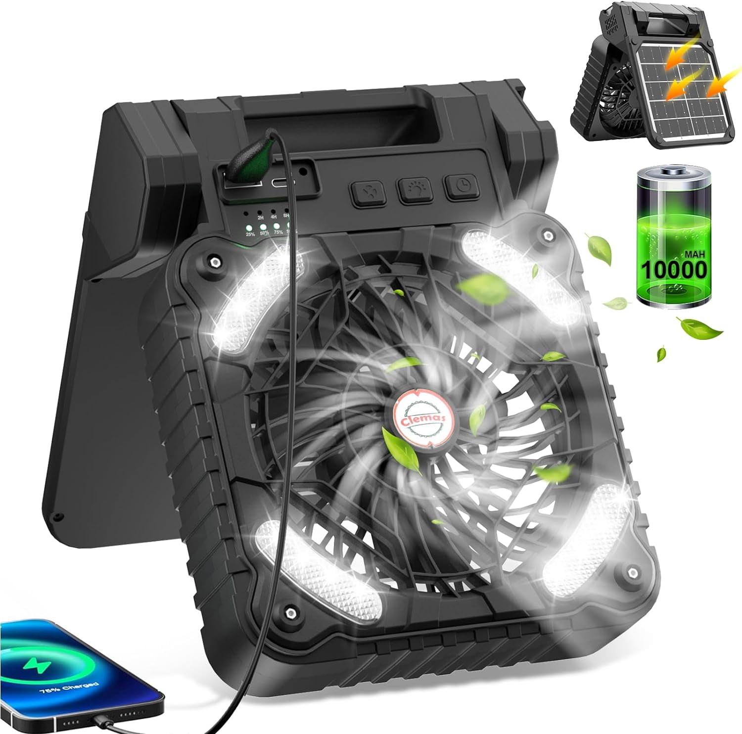 Camping Fan with Light - Battery Powered & Solar Powered Fan –10000mAh ...