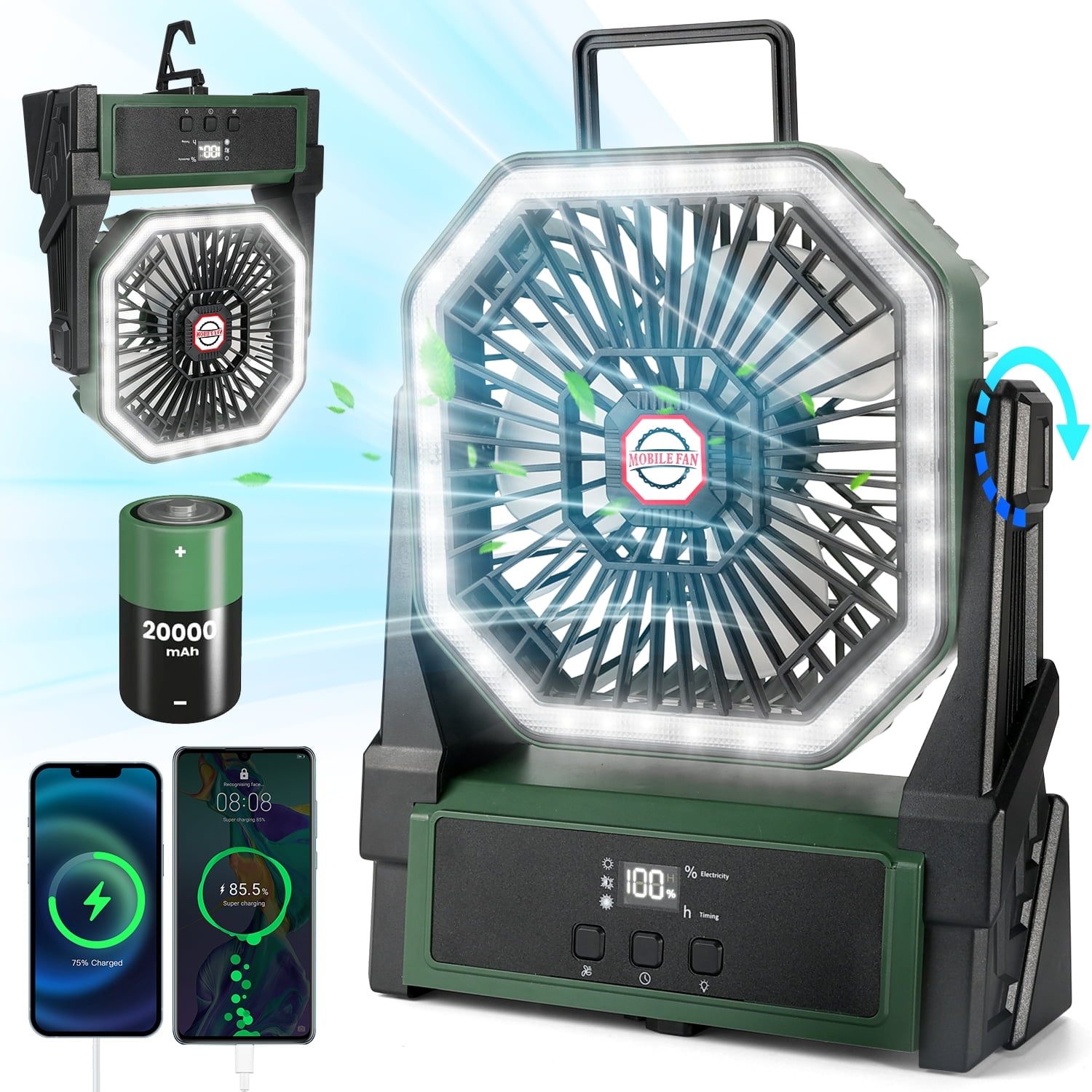 Henotian Camping Fan, 20000mAh Rechargeable Battery, Portable Fan with ...