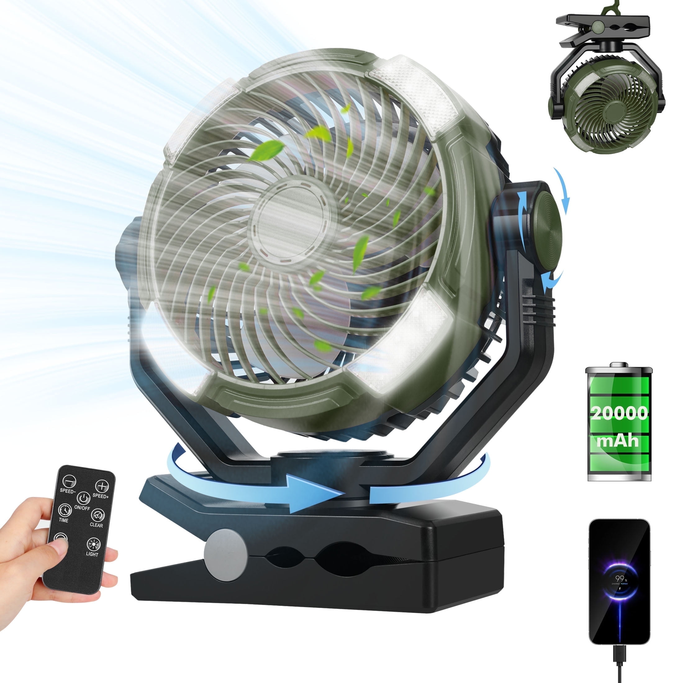 Camping Fan Rechargeable, 20000mAh Large Battery Powered Clip Fan, 4 ...