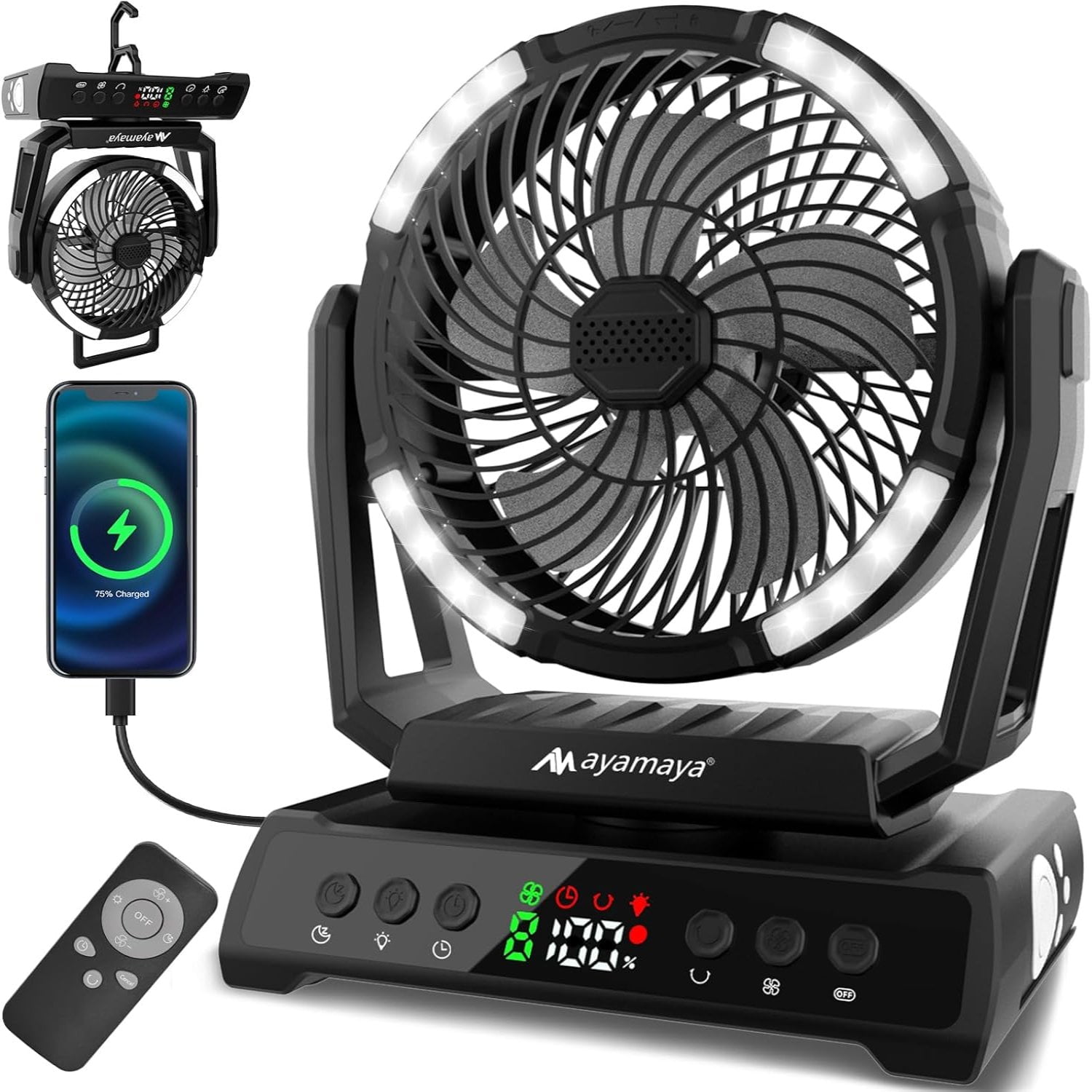 Camping Fan with Light, 20000mAh Rechargeable Tent Fan with Remote, 9 ...