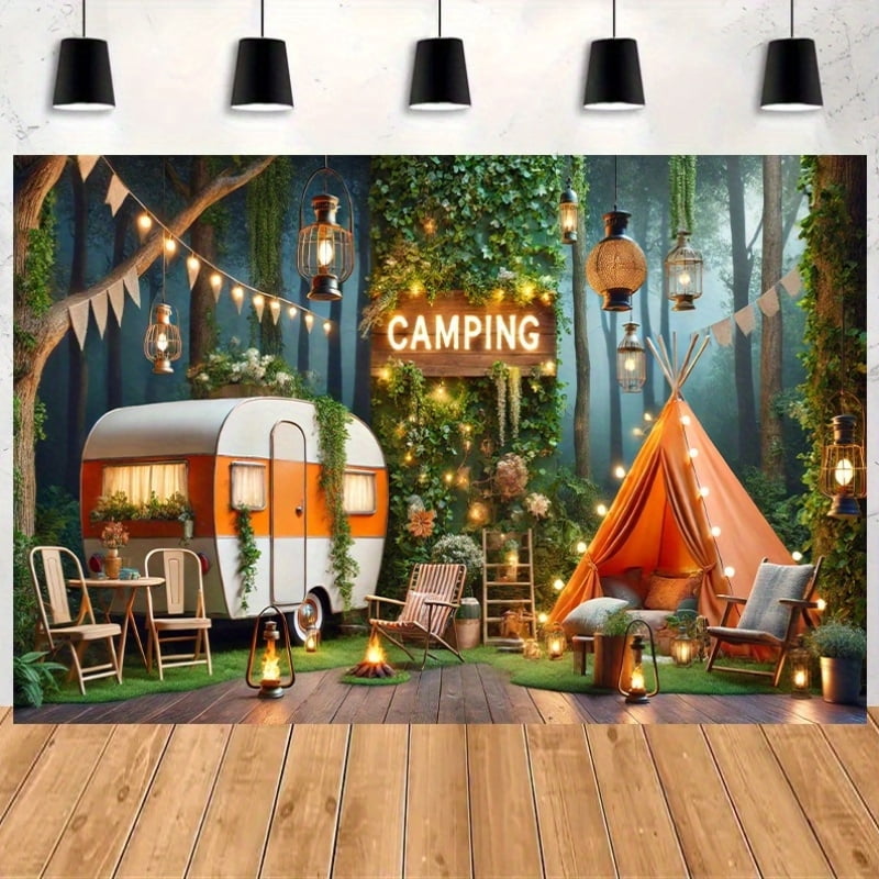 Camping Forest Scene Backdrop Night Campfire Tent Car Party Child ...