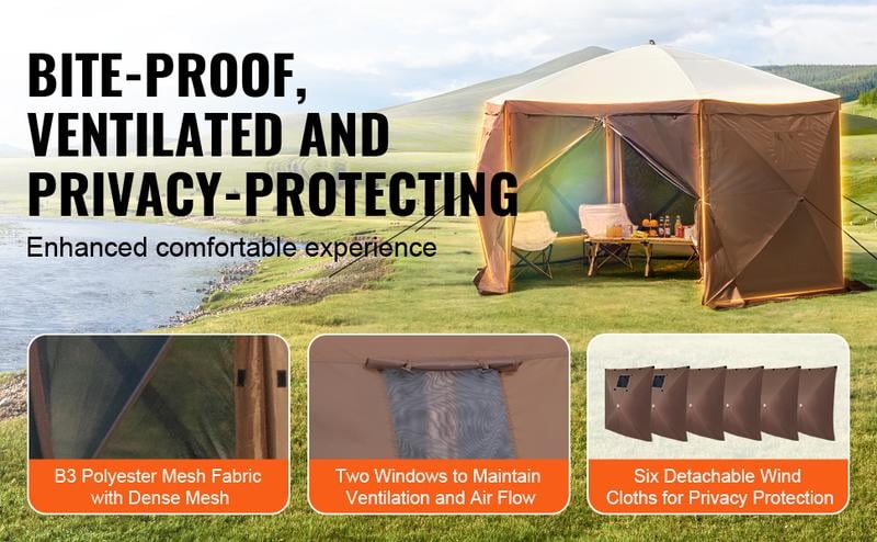 Camping Gazebo Screen Tent, 12*12ft, 6 Sided Pop-up Canopy Shelter Tent ...