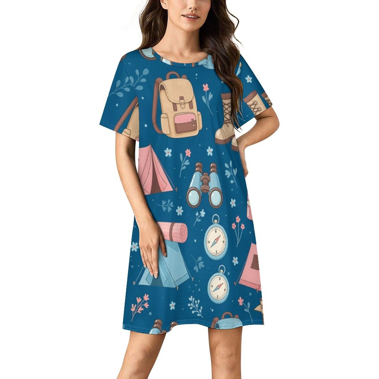 Camping Gear Floral Print Women Nightgown Sleepwear Short Sleeves For ...