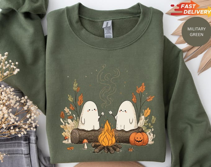 Camping Ghosts Shirt, Cute Ghost Sweatshirt,Fall Leaf Tee, Retro Ghost ...