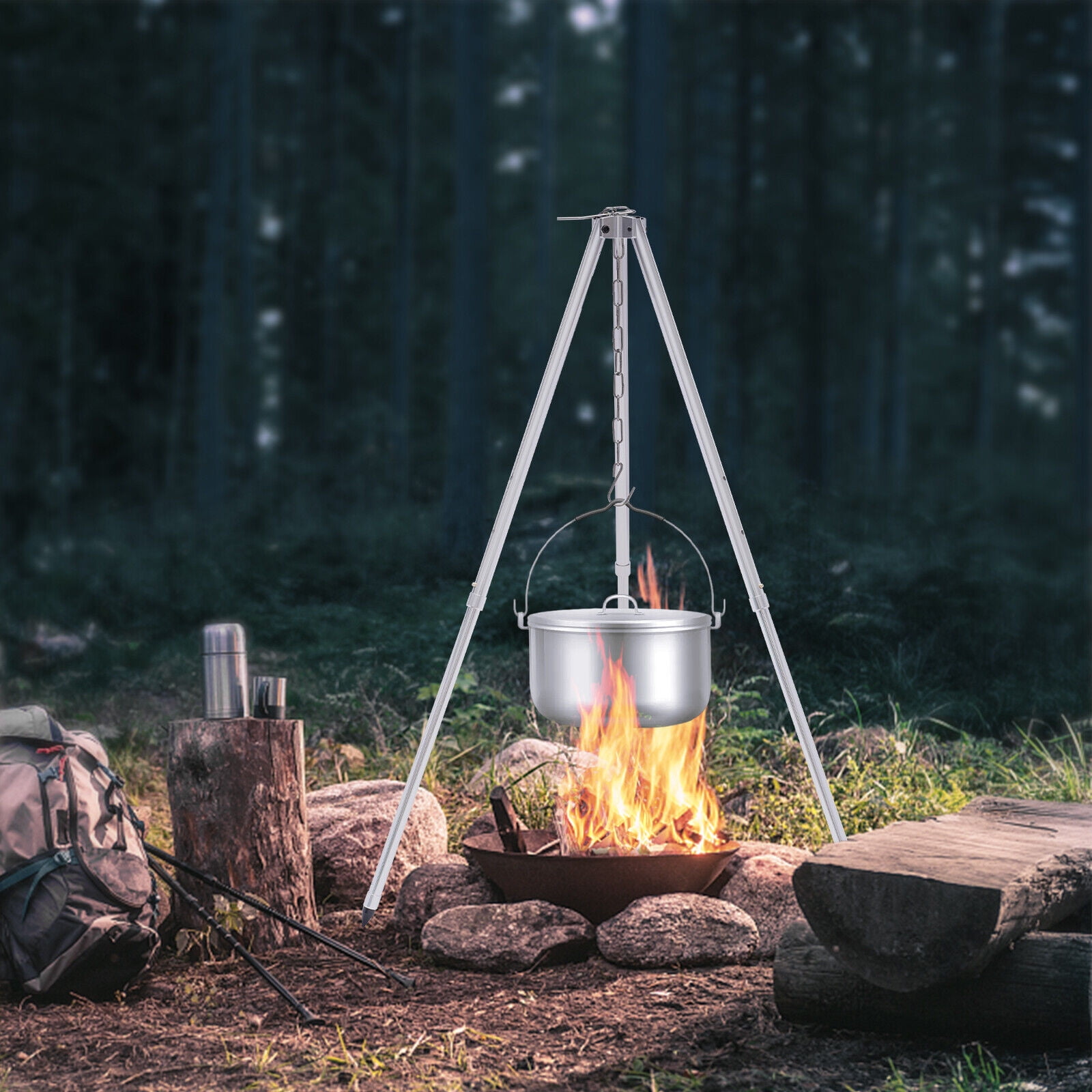 Camping Grill Cooking Equipment Barbecue Tripod Ring Hook Hanging Pot Outdoor 3-5 People ...