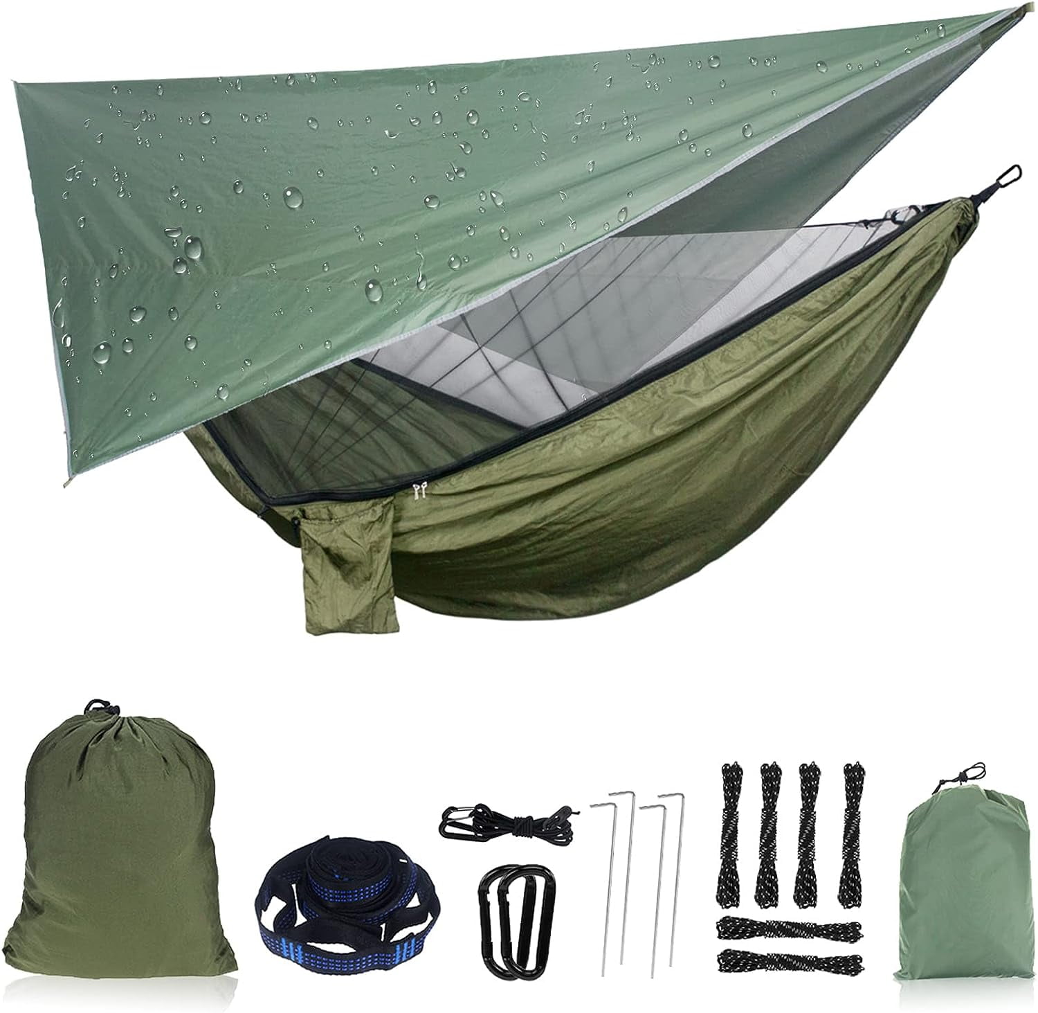 Camping Hammock with Mosquito Net & Rain Fly – Portable Single Nylon ...