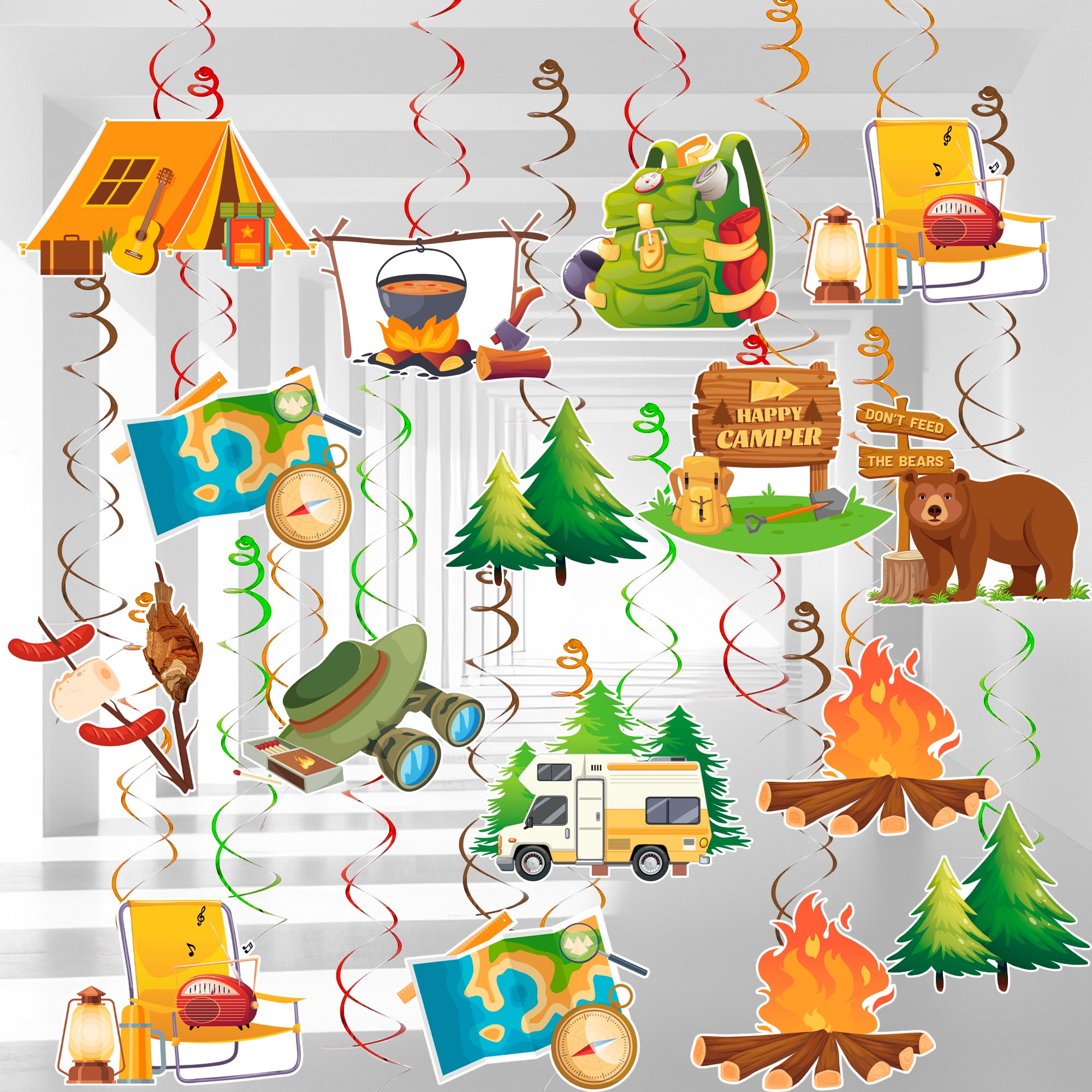 Camping Hanging Swirl Party Decorations, 32 Pcs Camper Party Hanging ...