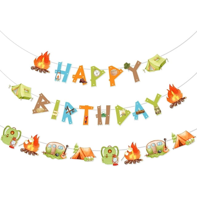 Camping Happy Birthday Banner, Camping Birthday Party Decoration Banner ...