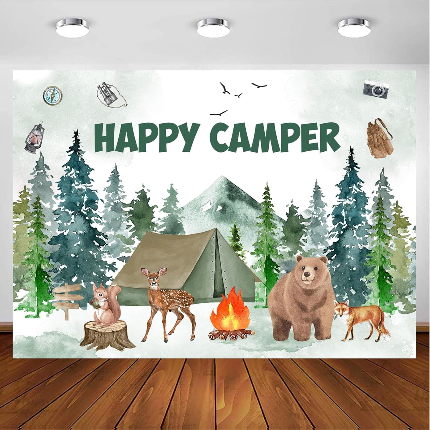 Camping Happy Camper Nice Backdrop Banner Cedar Forest Mountain Scenery ...