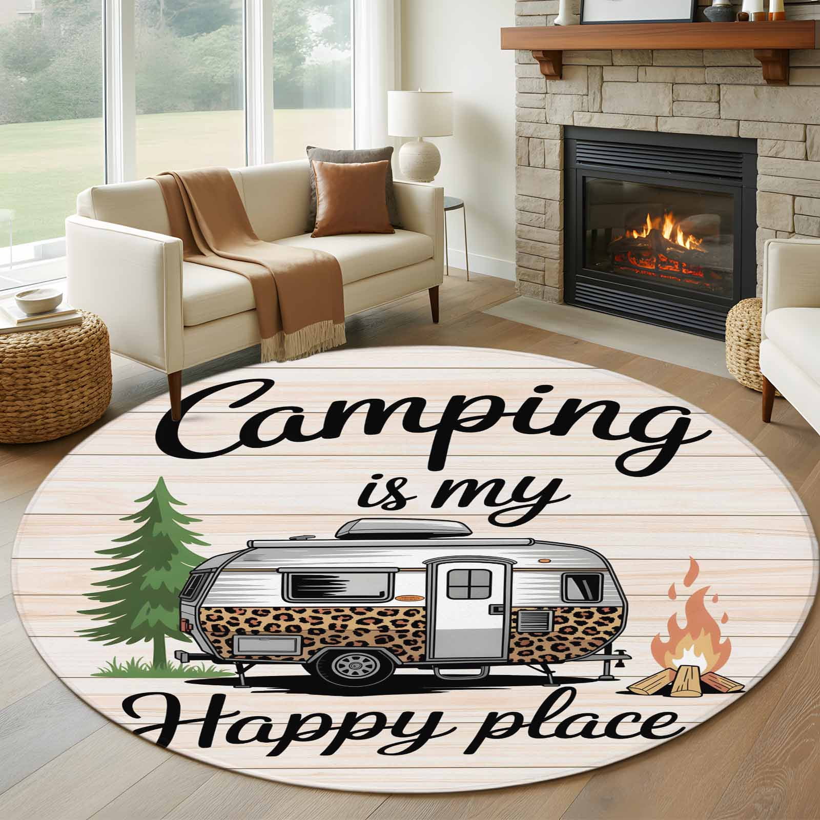 Camping Is My Happy Place 8FT Round Area Rugs for Living Room Leopard ...