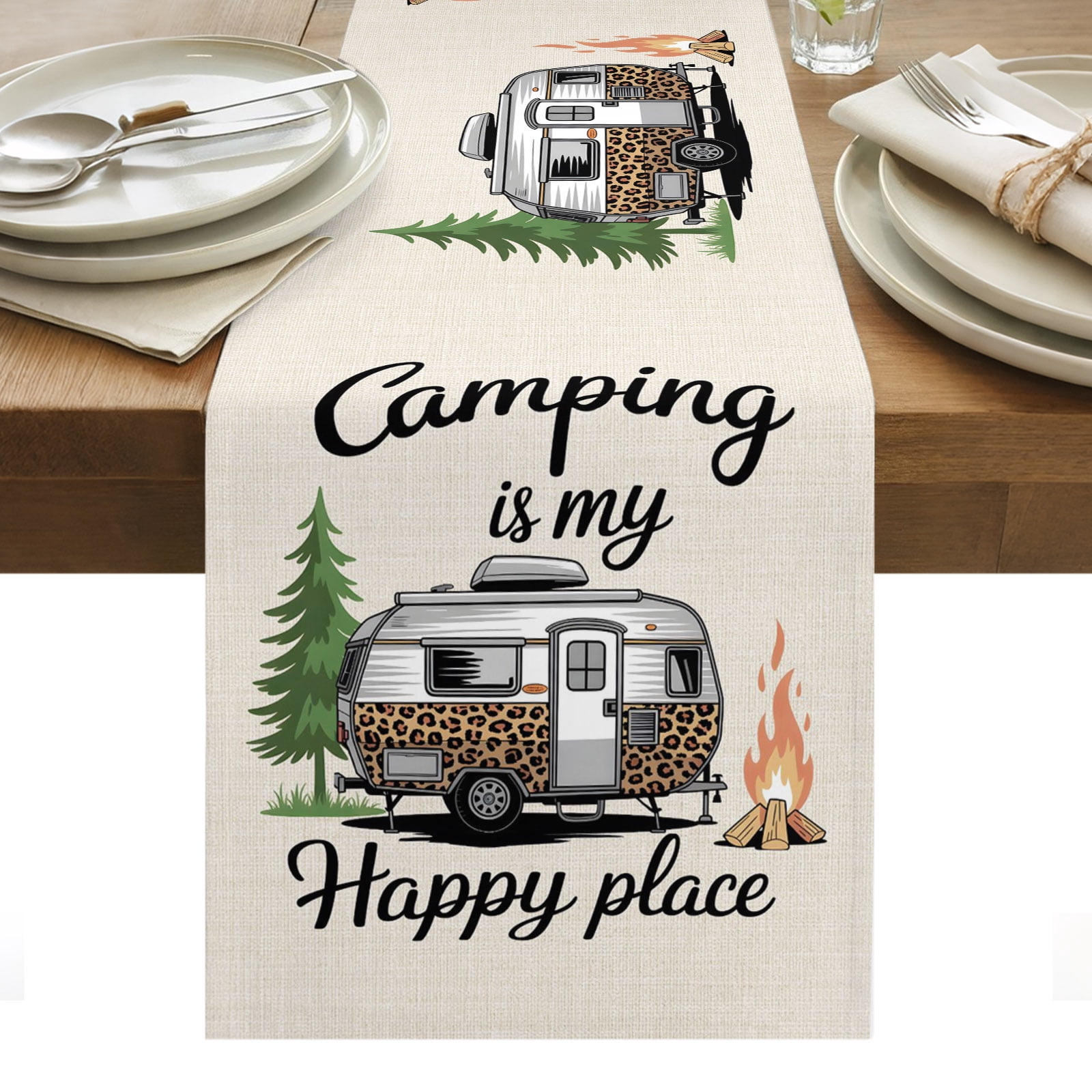 Camping Is My Happy Place Cotton Linen Table Runner Leopard RV Vintage ...