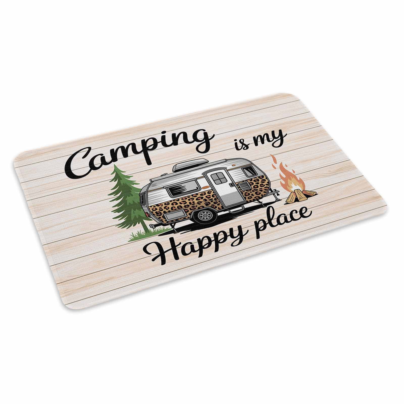 Camping Is My Happy Place Doormat Leopard RV Vintage Wood Grain Non ...