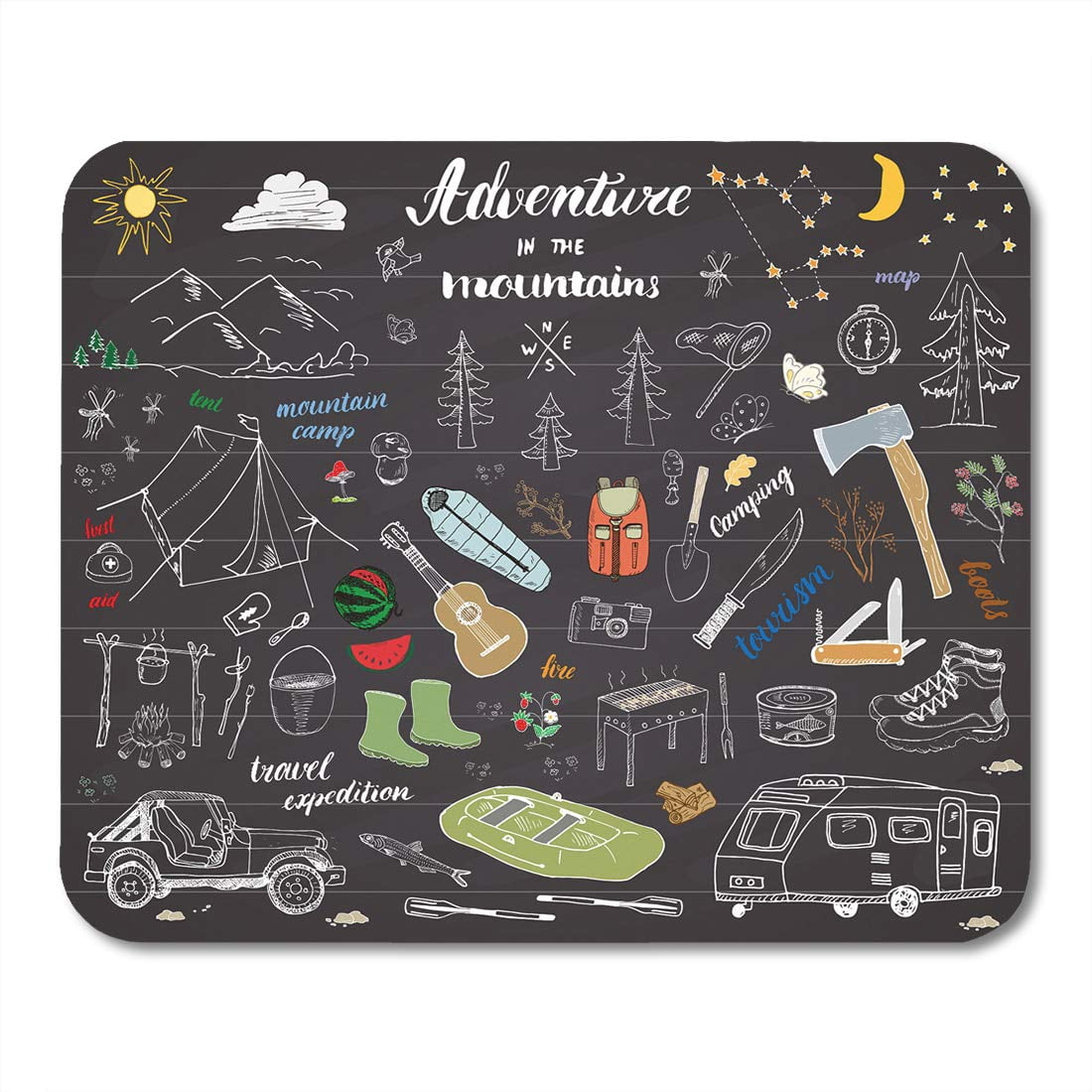 Camping Hiking Sketch Doodle Mountains Tent Raft Grill and Campfire Axe ...