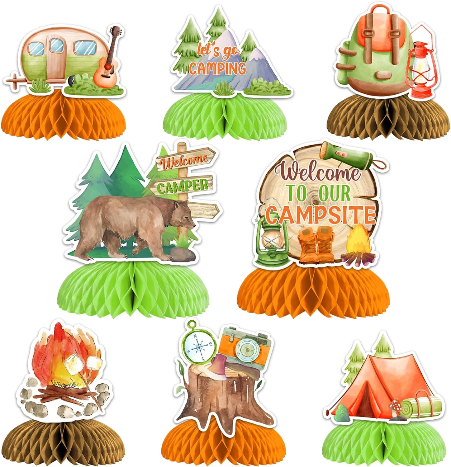 Camping Honeycomb Centerpieces, Camping Party Decoration Happy Camper ...