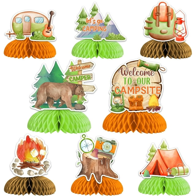 Camping Honeycomb Centerpieces, Camping Party Decoration Happy Camper ...