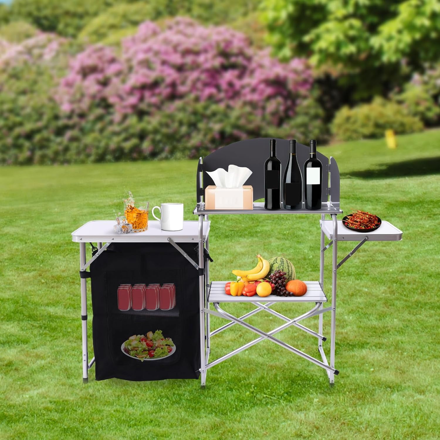 Camping Kitchen Table, Portable Outdoor Cooking Table with Storage ...