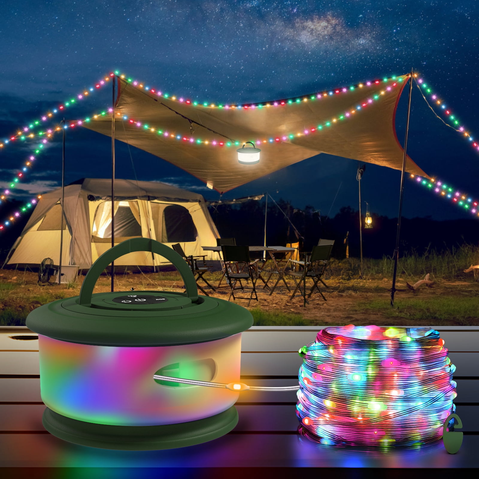 Camping Light String, 3-in-1 Retractable RGB Outdoor Light String, 19 ...