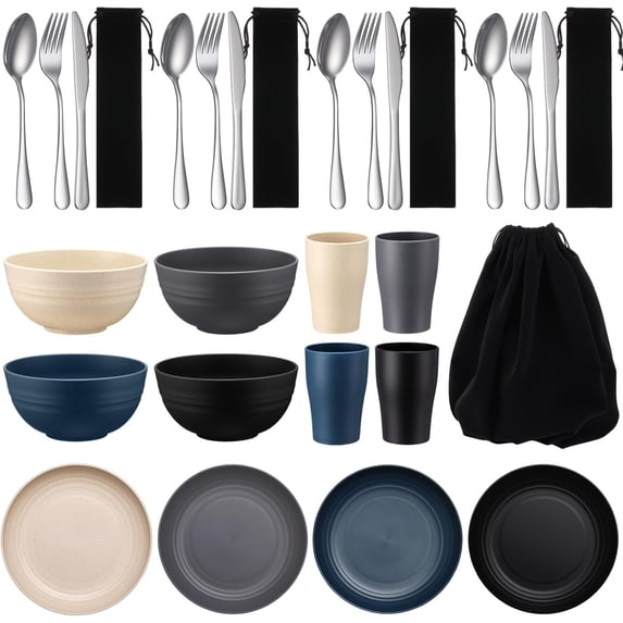 Camping Mess Kits for 4 Person Include Cup, Bowl, Plate, Knife, Spoon ...