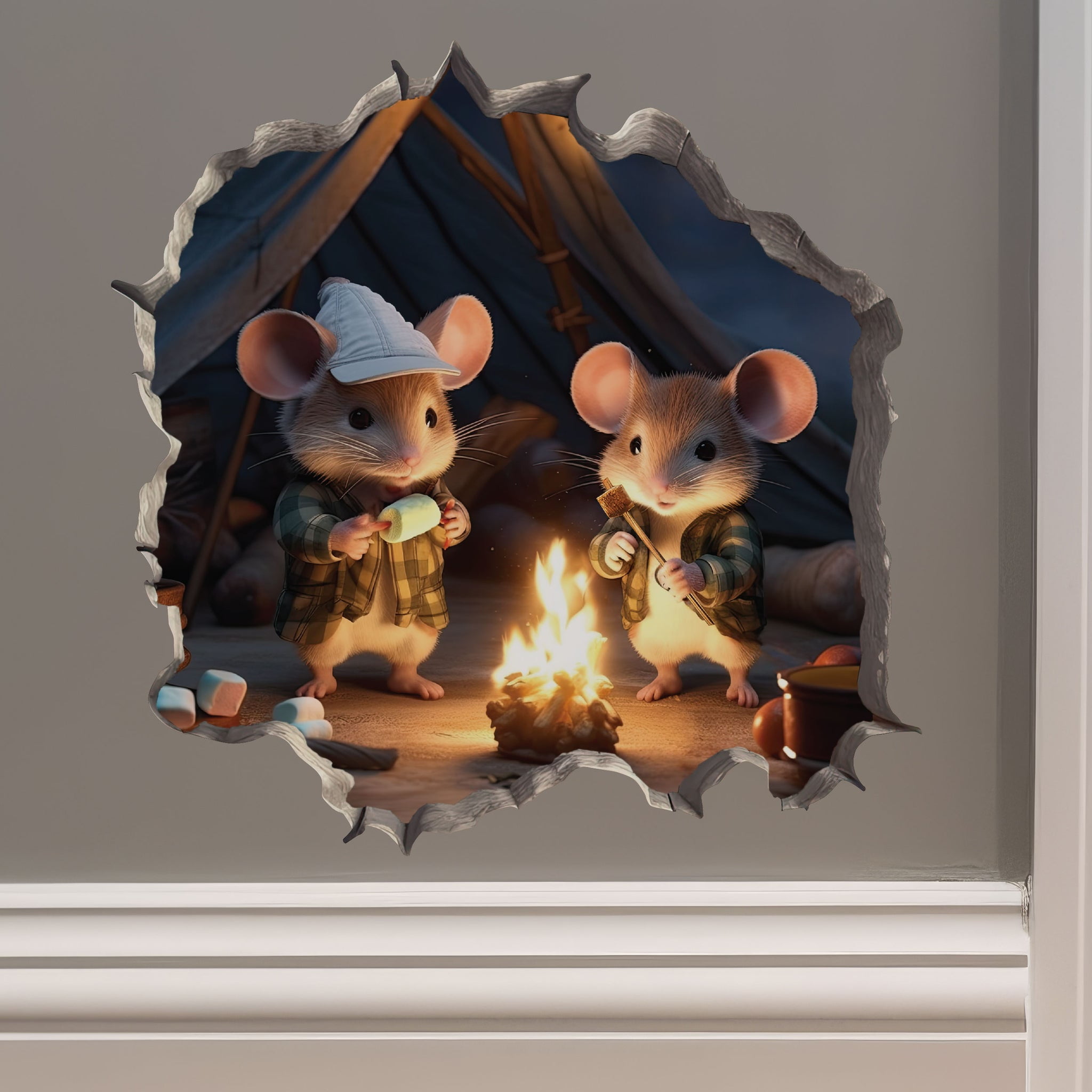 Camping Mice in Mouse Hole Decal - Mouse Hole 3D Wall Sticker - Walmart.com