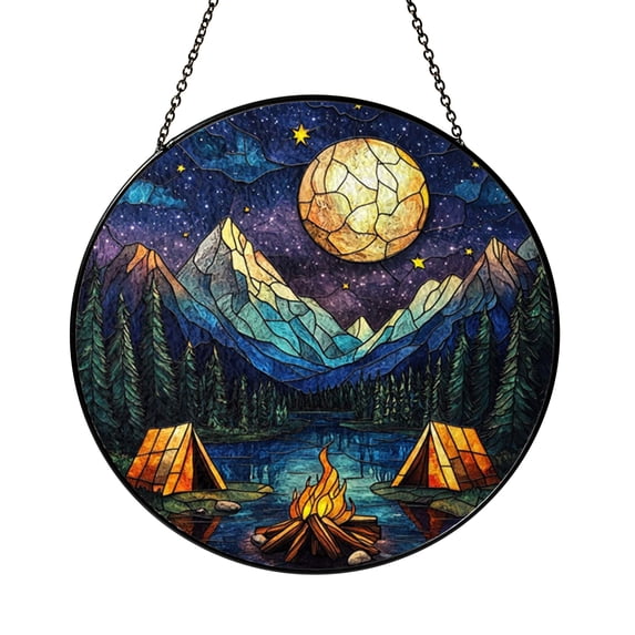 Camping Mountain Night Stained Glass Suncatcher Window Hanging Campfire ...