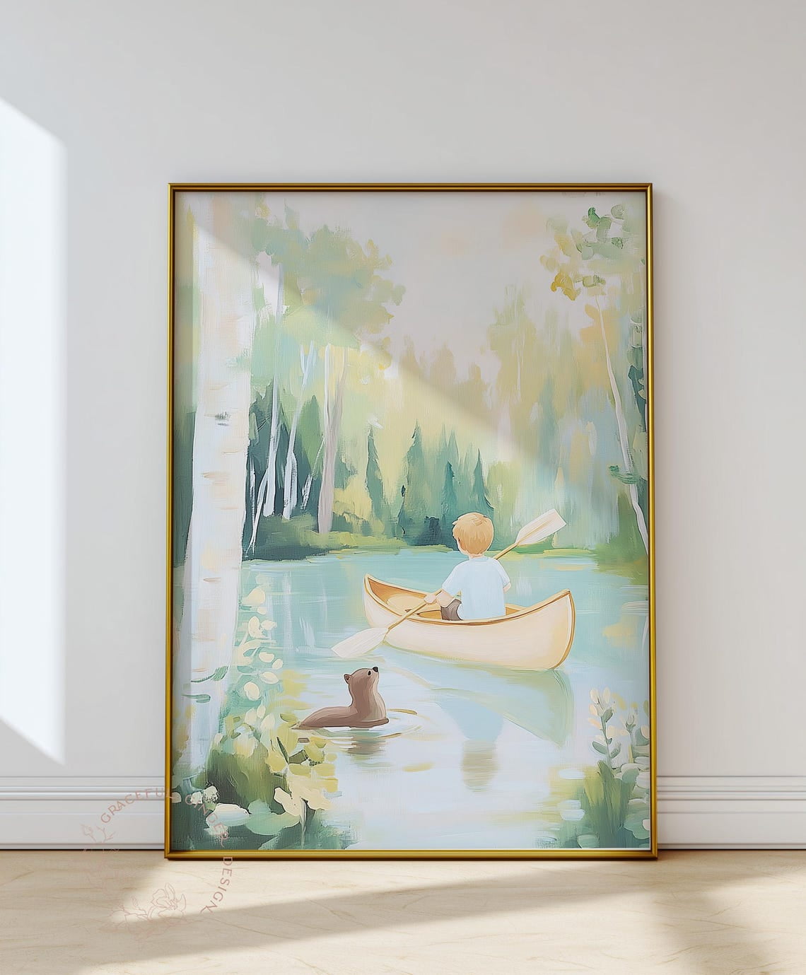 Camping Nursery Print, Boy In Canoe, Woodland Animals Home Decor #2372, Unframed Canvas Size ...