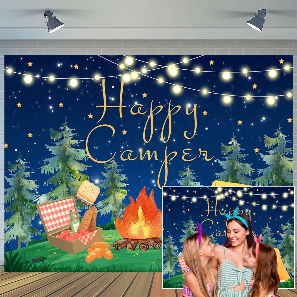 Camping Photography Backdrop, Happy Camper Party Decorations Campfire ...