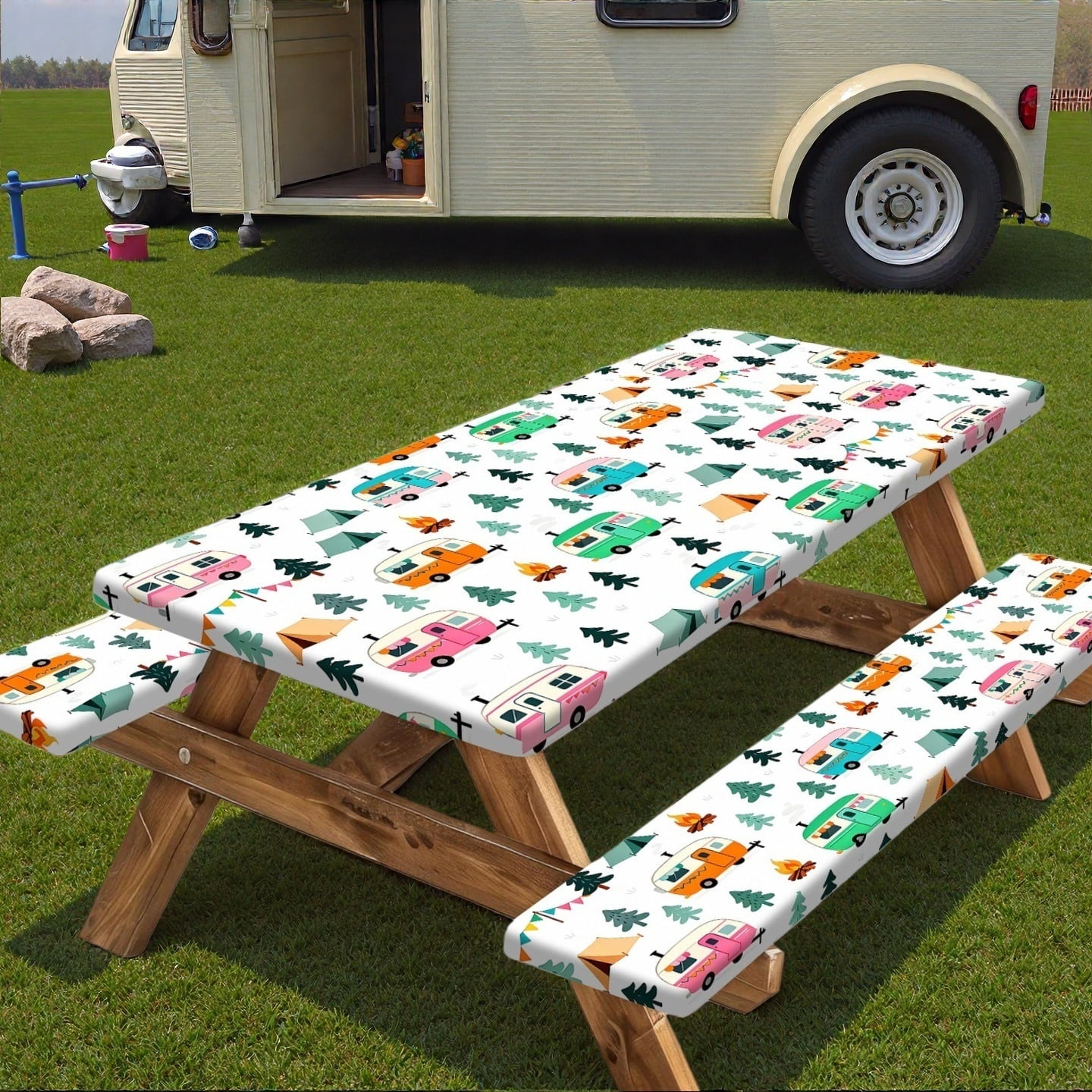 Camping Picnic Table Cover with Bench Covers Elastic Edges, Waterproof Windproof Outdoor RV ...