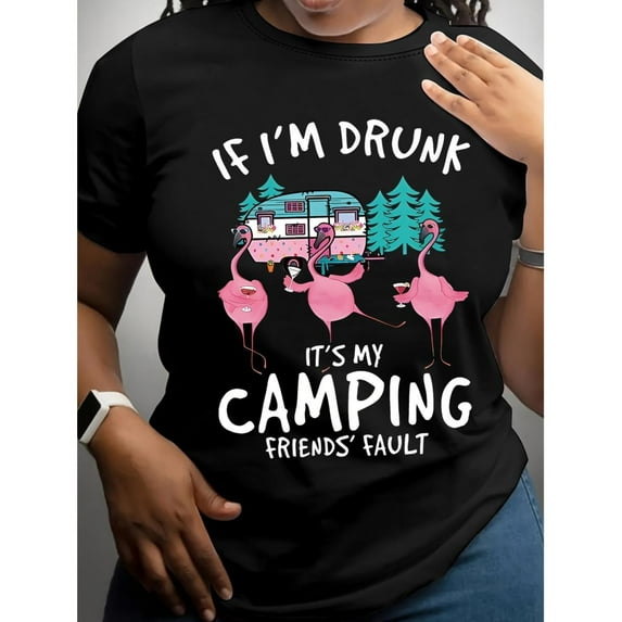 Camping Print T-Shirt, Short Sleeve Crew Neck Casual Top for Summer ...