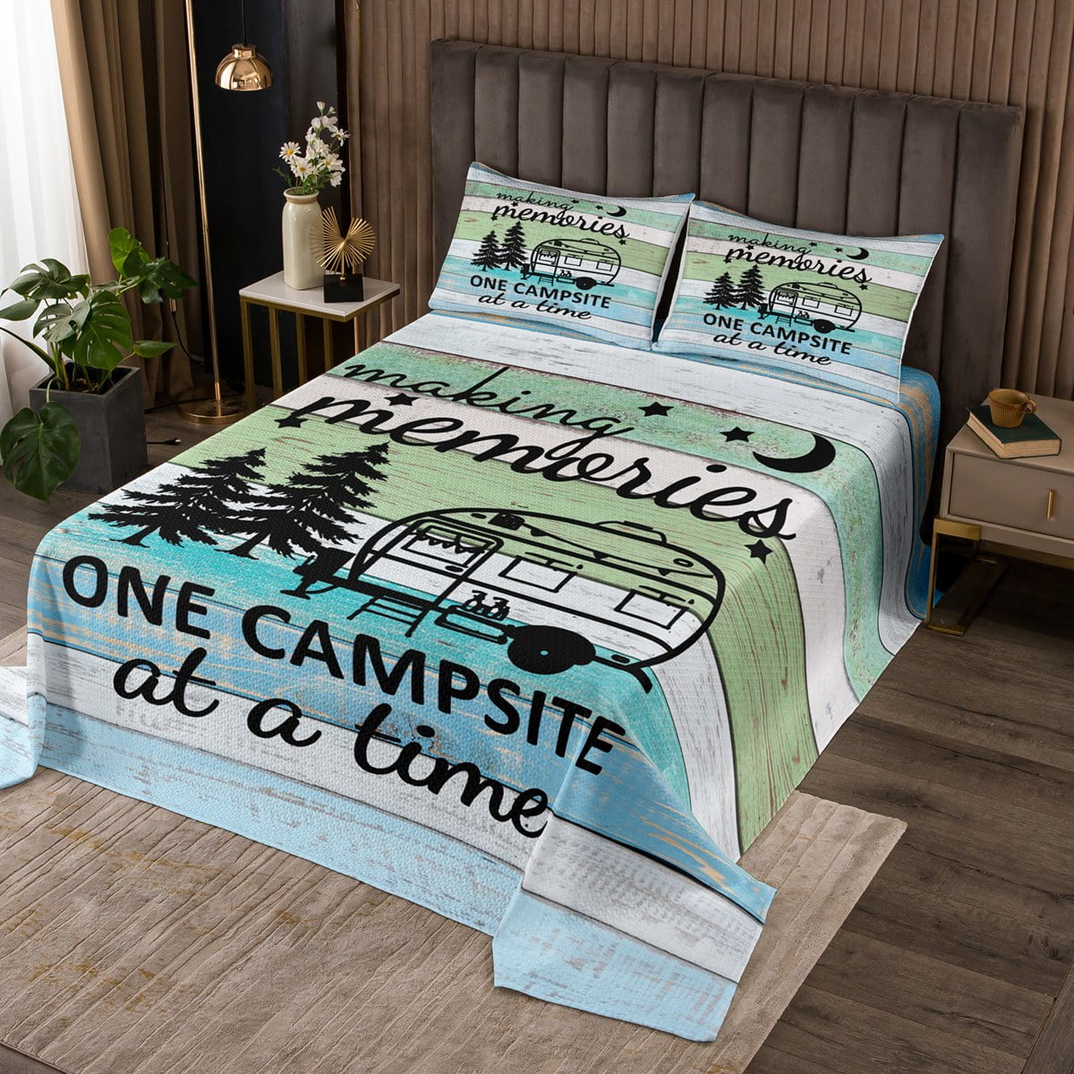 Camping Quilt Set Queen,Camper Themed Bedspread Set Camper Decor,RV Travel Car Camping Coverlet ...
