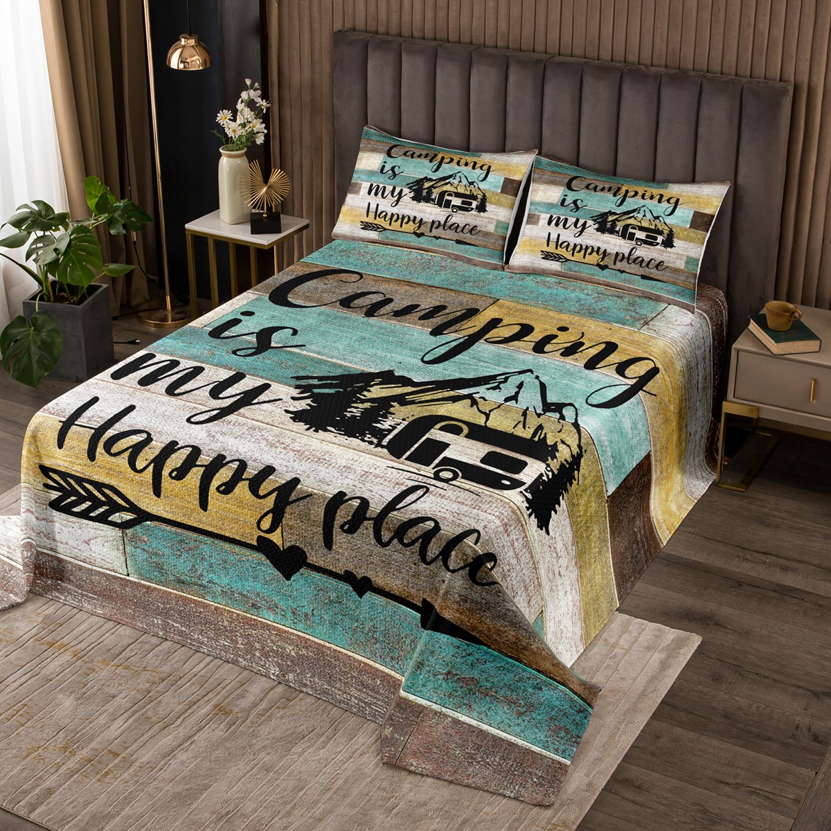 Camping Quilt Set Queen,Camper Themed Bedspread Set Camper Decor,RV ...