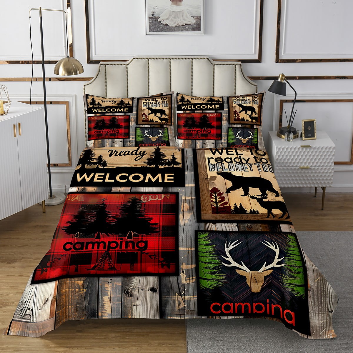 Camping Quilt Set Retro Lodge Cabin Coverlet Set,Woodland Elk Deer Bear ...