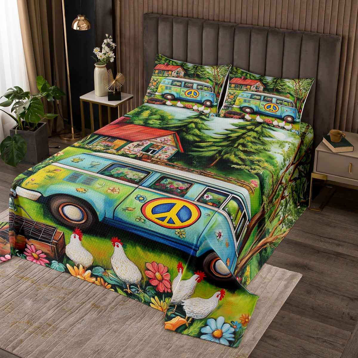 Camping RV Bedspread King Size,Peace Sign Bus Bedding Set 3Pcs,Rustic ...