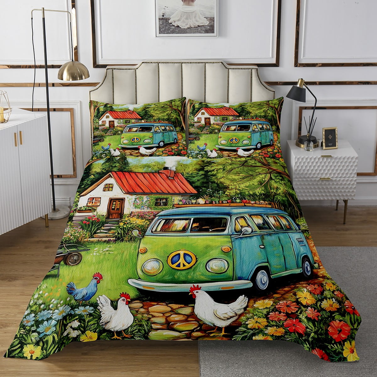 Camping RV Bedspread Twin Size,Peace Sign Art Bedding Sets 2Pcs Teens ...