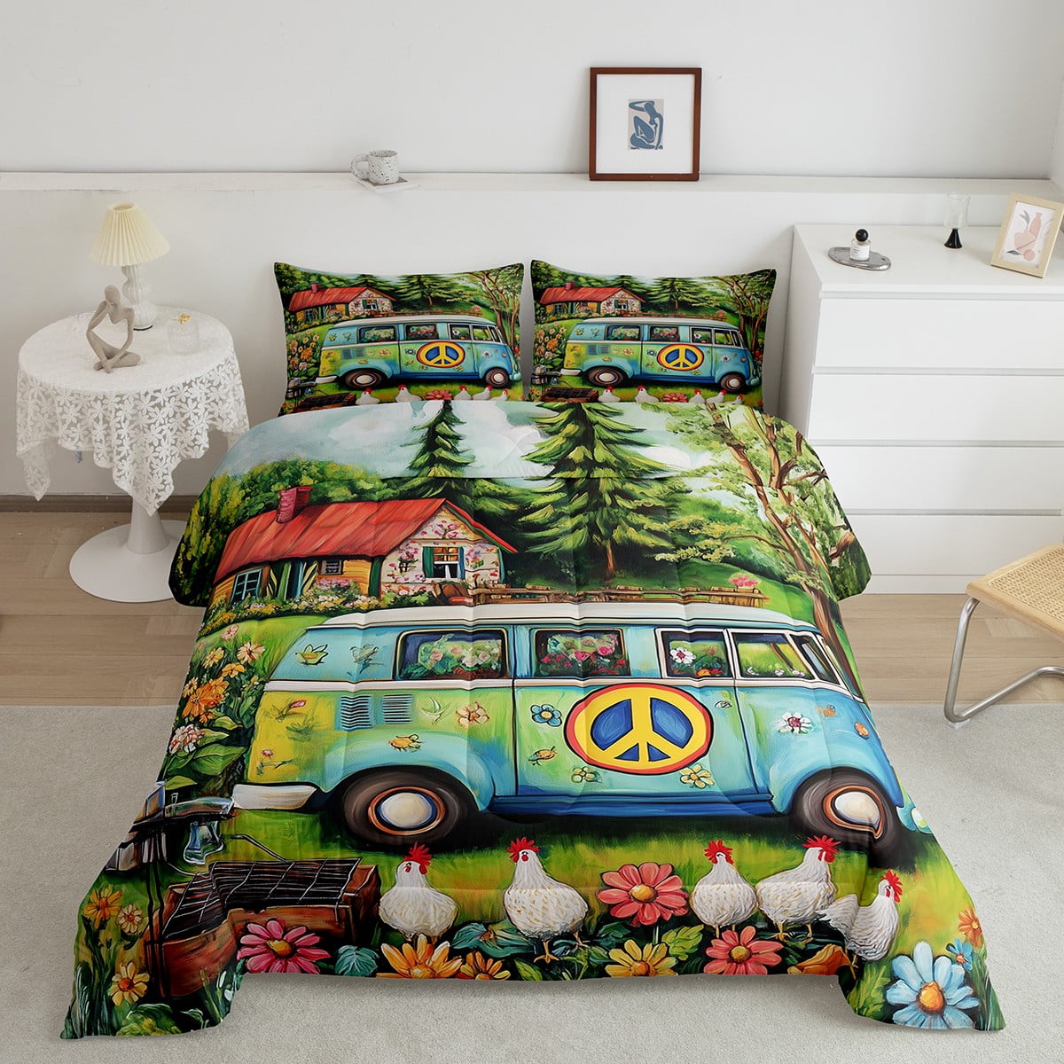 Camping RV Comforter Set Full Size,Peace Sign Bus Bedding Set 3Pcs ...