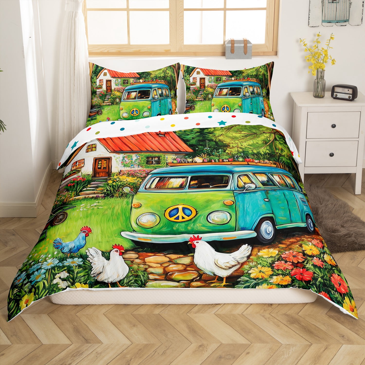 Camping RV Duvet Cover Set Queen Size,Peace Sign Art Bedding Set 3Pcs ...