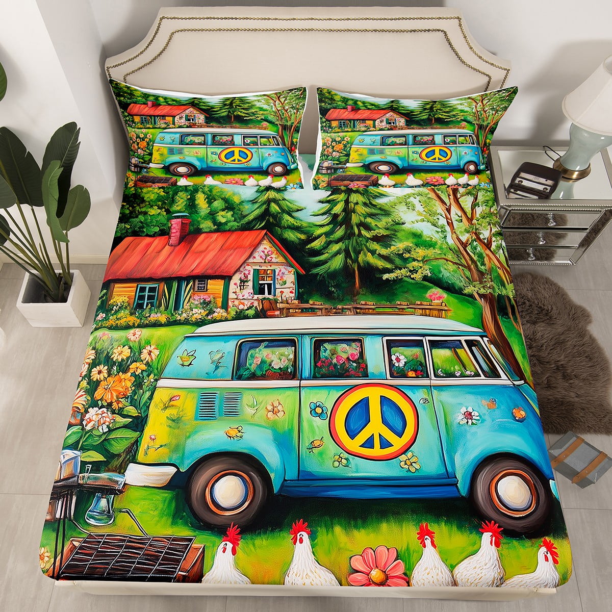 Camping RV Fitted Sheet Twin Size,Peace Sign Bus Bedding Sets 2Pcs ...