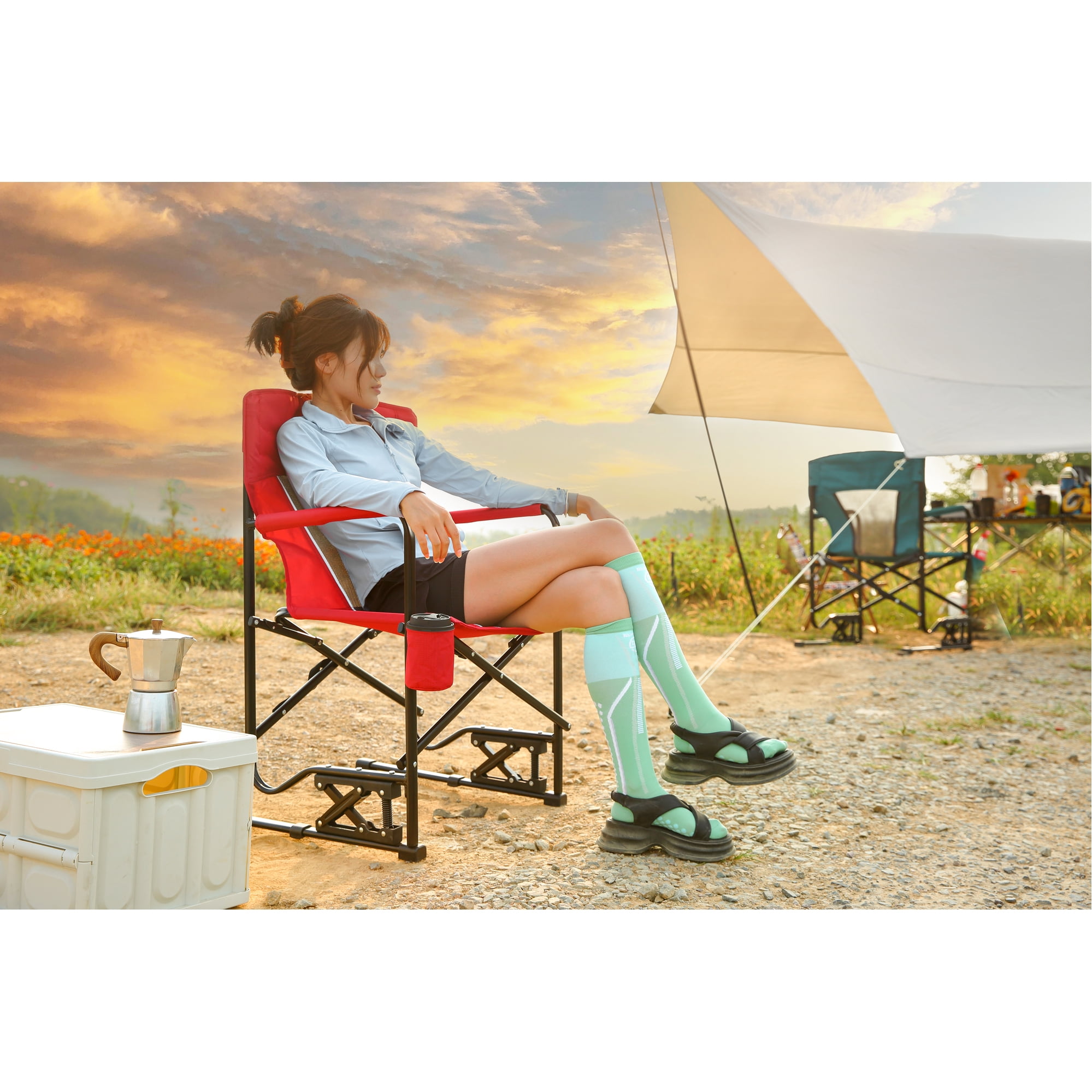 Camping Rocking Chair - Red, With Shock Absorbing Springs Folding Seat ...