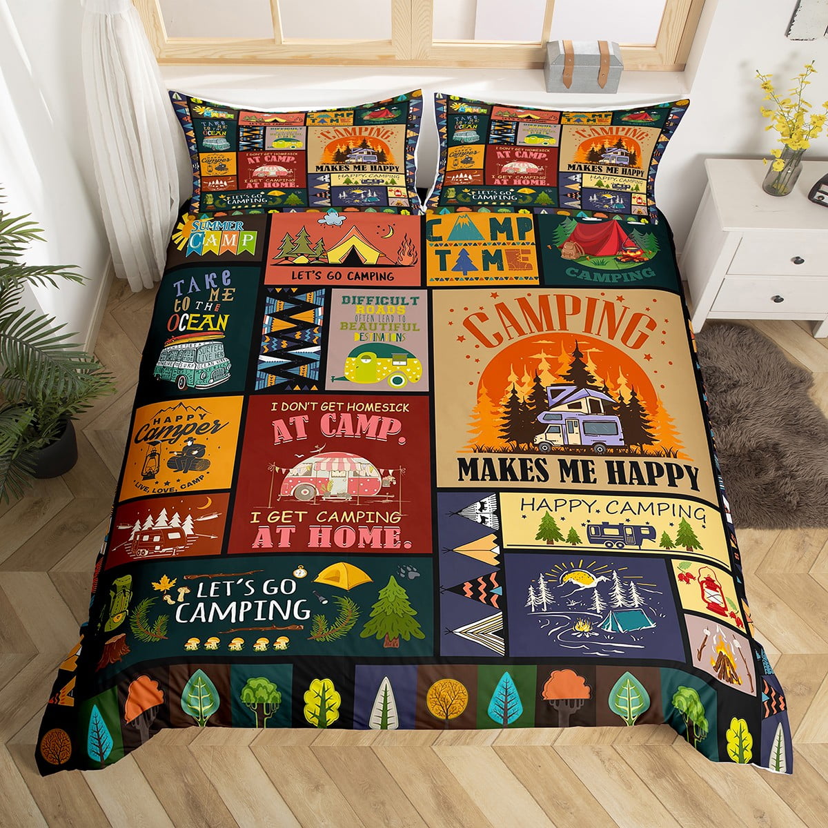 Camping Rules Duvet Cover Camper Bedding Set Queen,Lodge Cabin Camping ...