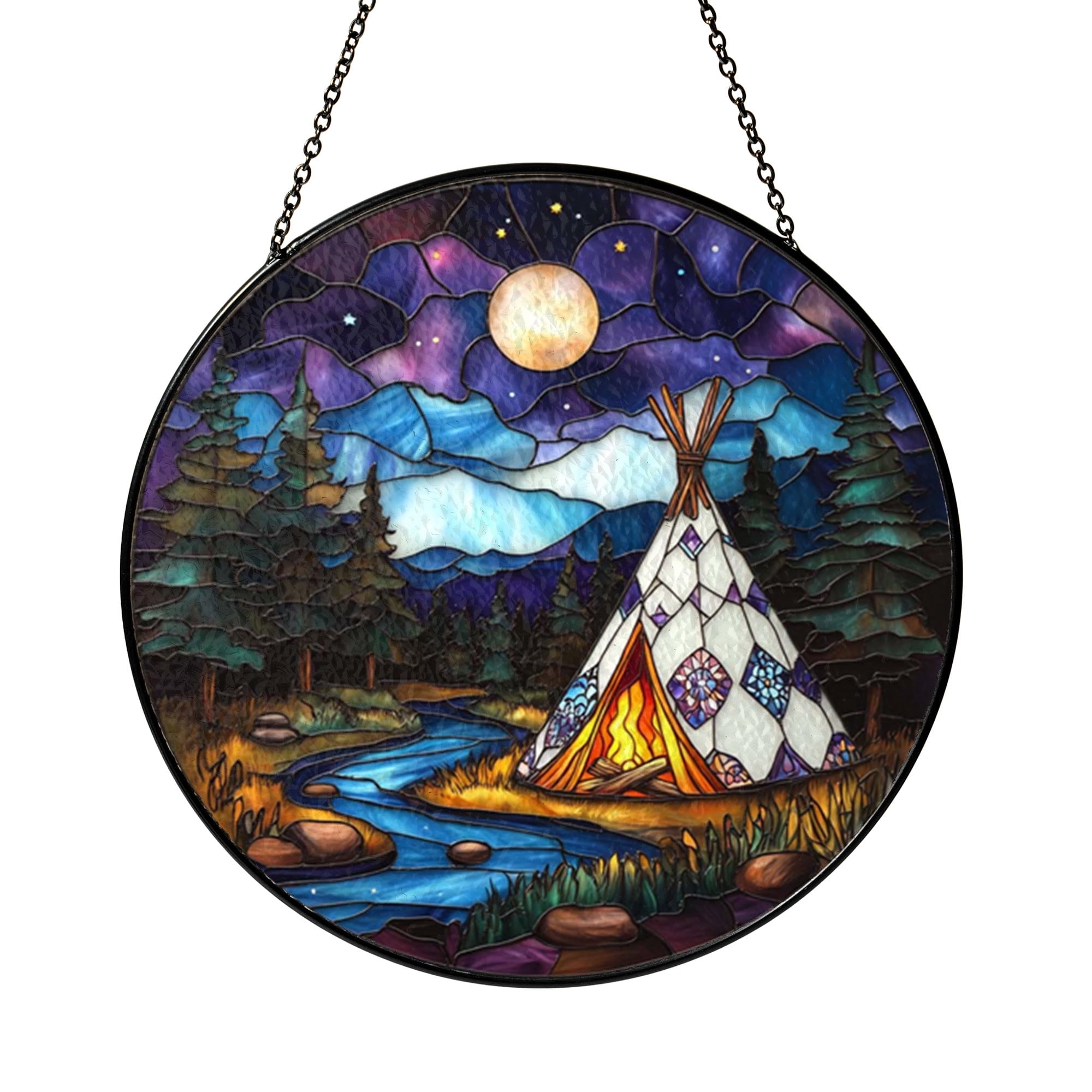 Camping Scene Stained Glass Window Panel – Decorative Window Accent ...